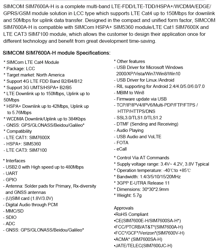 Sim7600 Sim7600a Sim7600a-h Sim7600jc-h Sim7600sa-h Lte Cat1 4g Module ...