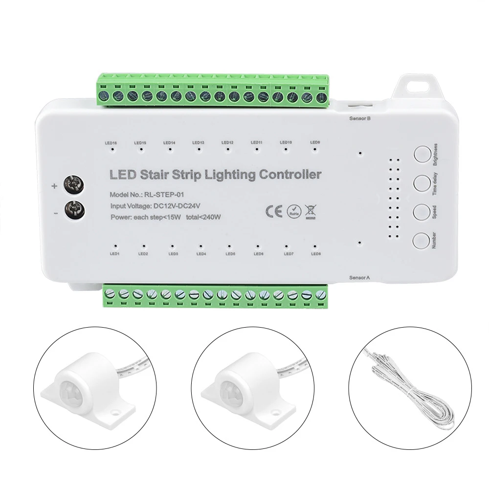 16 Channels 12v-24v Led Stair Step Strip Lighting Controller Pir Motion ...