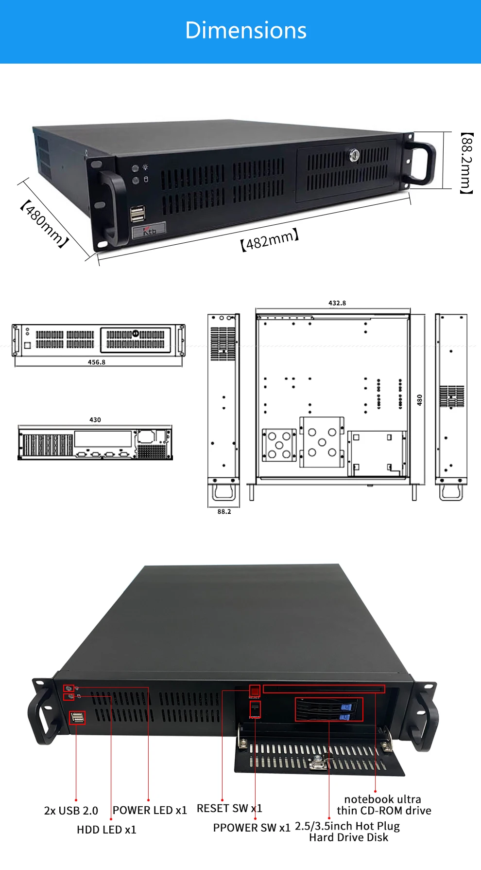 KTB Industrial Rack Mount PC Computer 2U Server Chassis Case for ATX MATX Motherboard With 3.5 ...
