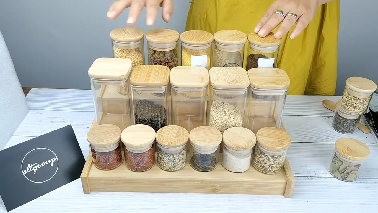 3 Layers Ladder Bamboo Frame Glass Seasoning Jar Set Pen With English ...