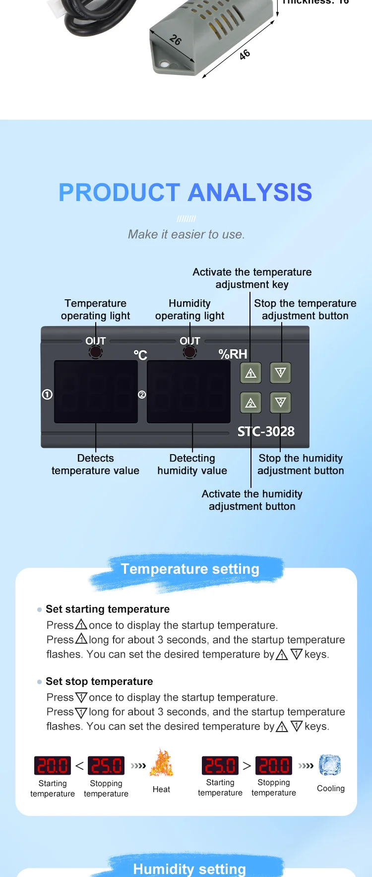 Digital Thermostat Hygrometer STC-3028 Temperature and Humidity Controller AC110-220V Humidifier ...