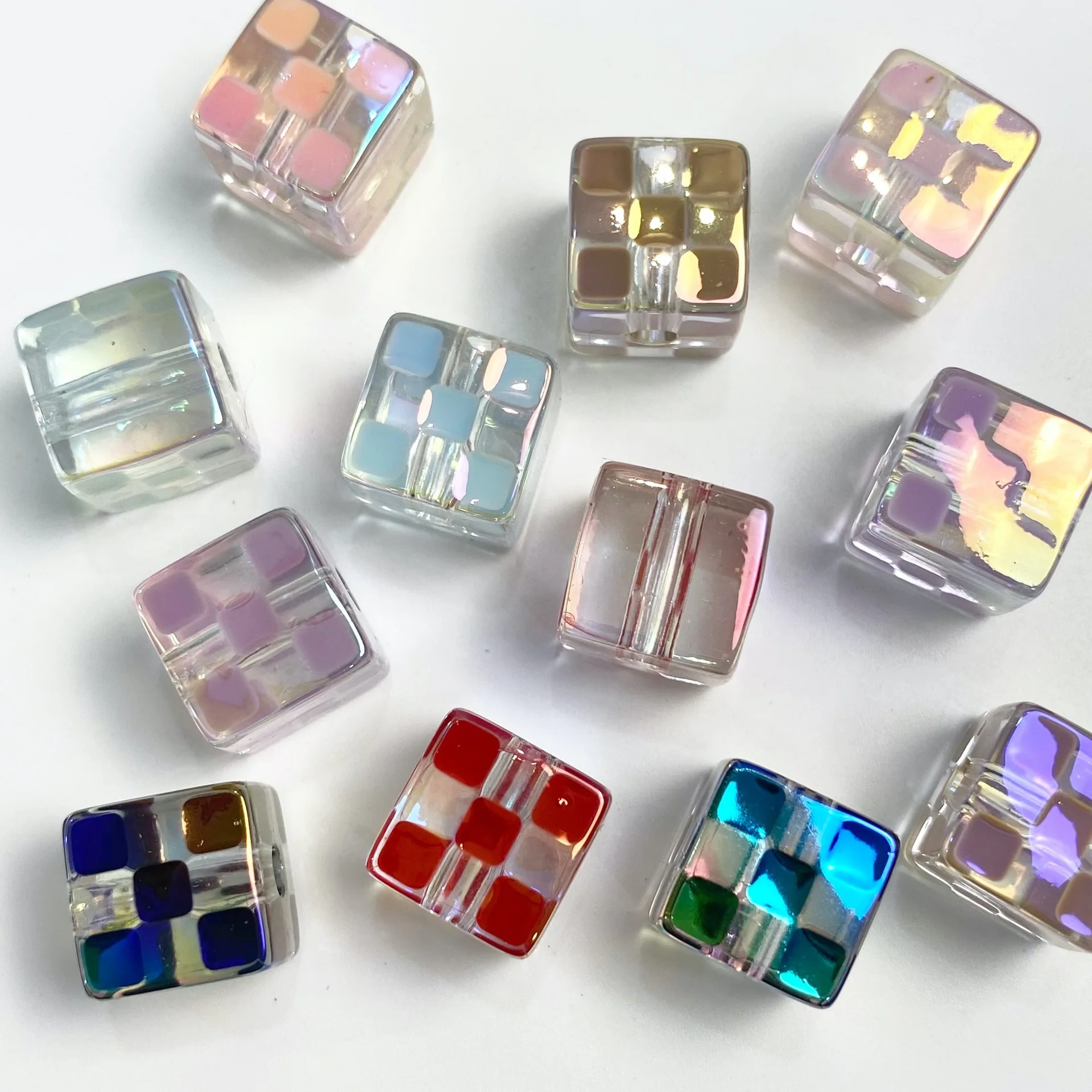 200pcs UV Colorful Hollow Block Straight Hole Loose Beads