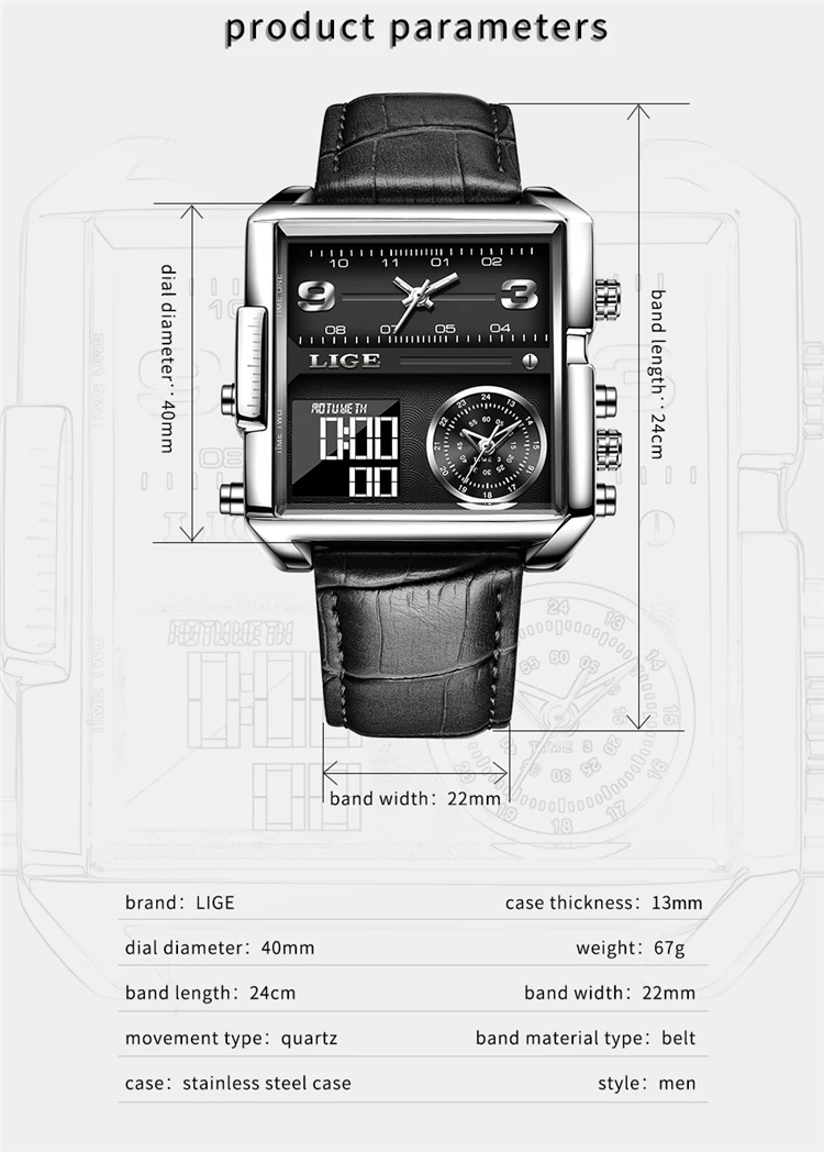 2021 New Creative Square Men Watches Top Brand Luxury Digital Leather ...