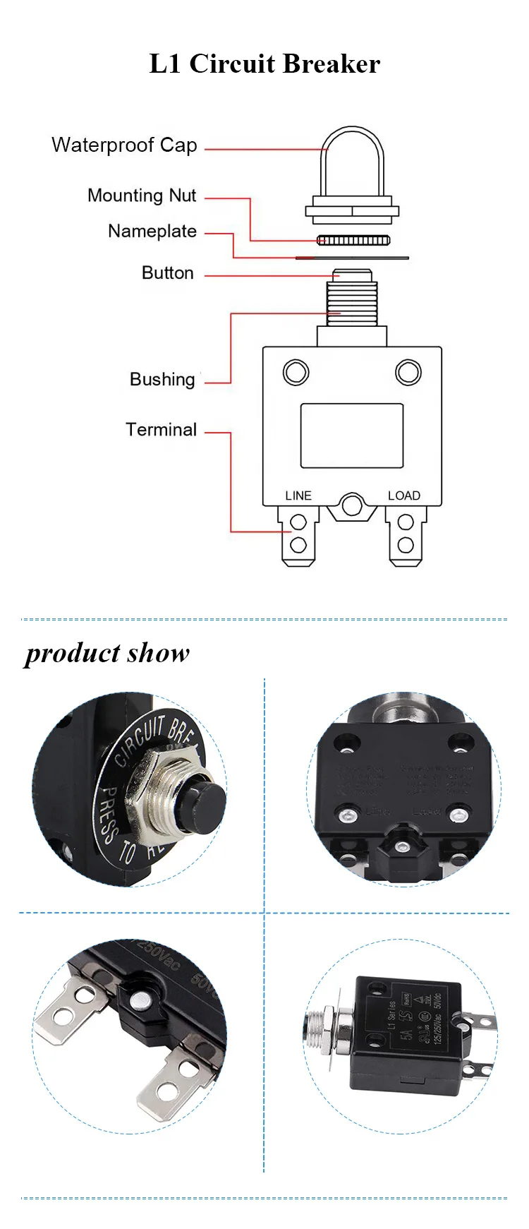 L1 Thermal Circuit Breaker Protector Dc 50v Ac 250v Bakelite Push ...