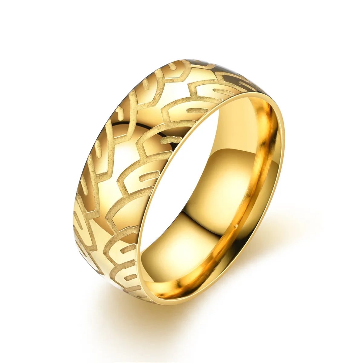 Retro Stainless Steel 8mm Corrosion Engraved Tyre Pattern Ring Hip Hop ...