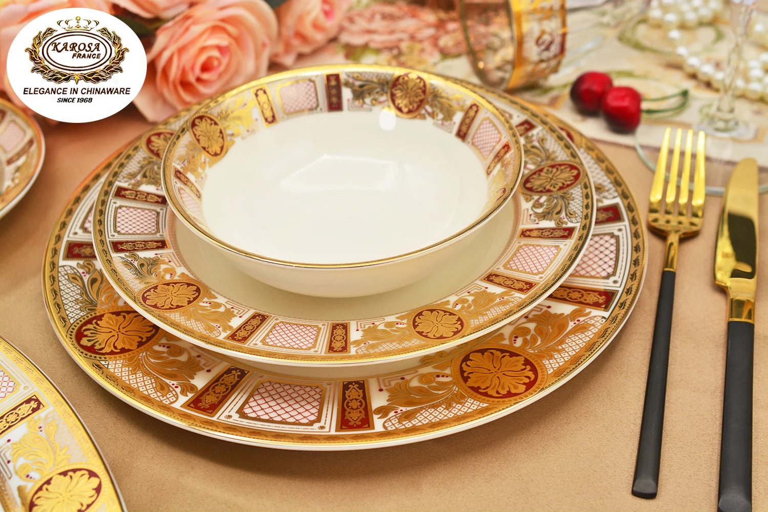 Luxury Fine Bone China 98pcs Golden Dinnerware Set Red European Style ...