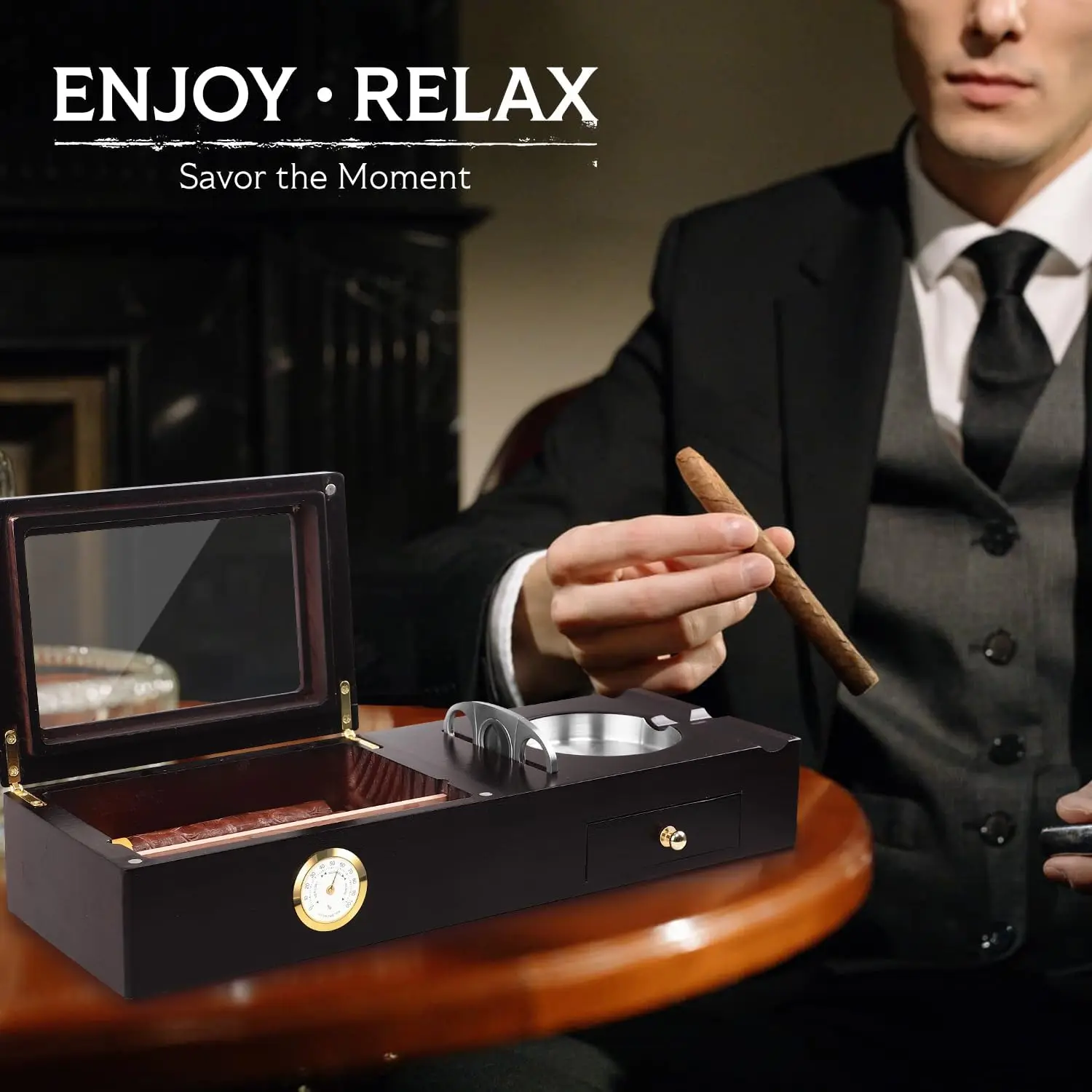 Cedar Wood Humidor Cigar Box With Hygrometer Accessories Drawer Cigar ...