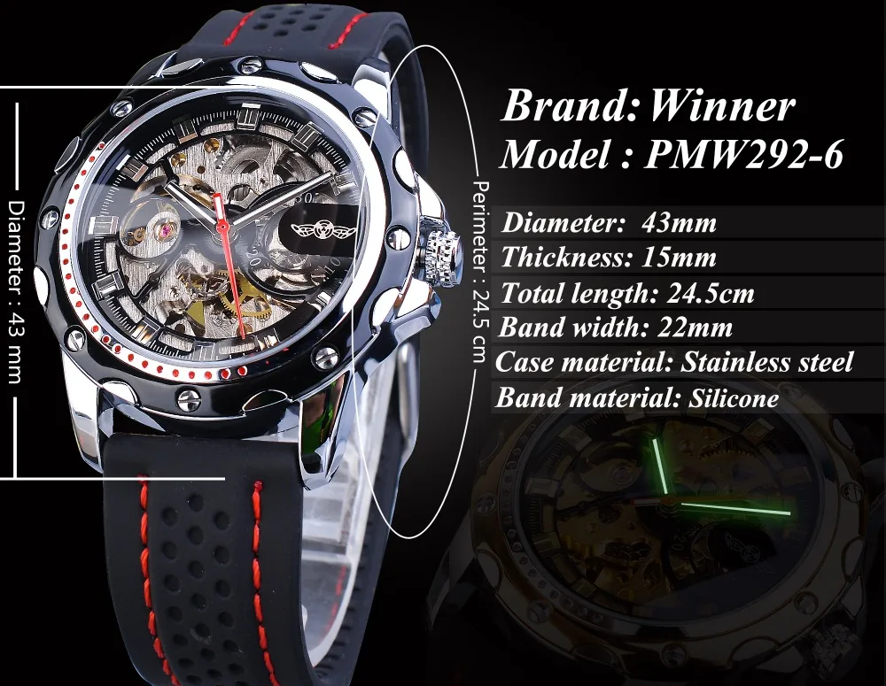 Winner Black Men Mechanical Watch Automatic Skeleton Self Wind Analog ...