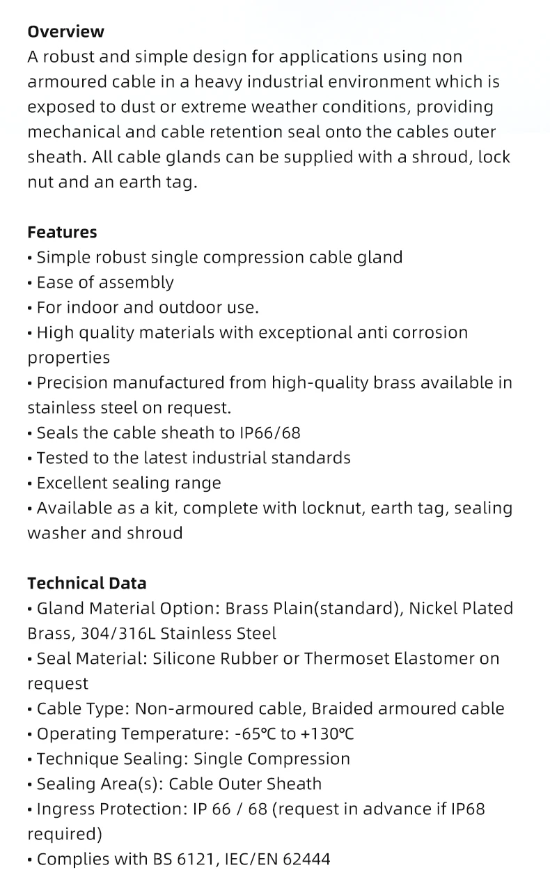 Outdoor Weatherproof Type A2 Brass Cable Glands Size 20l Single ...