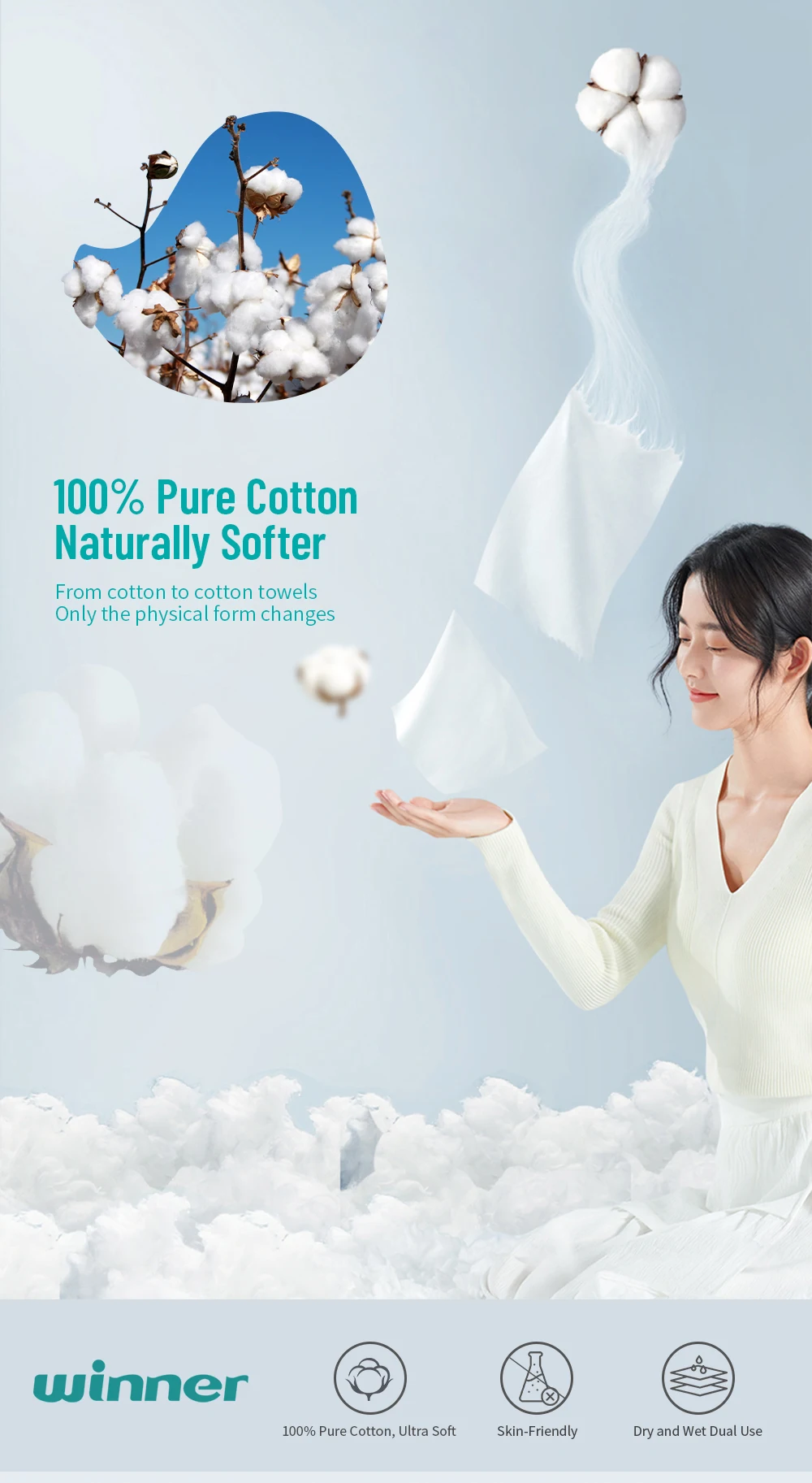 Purcotton 20x20cm 80pcs Soft Cotton Facial Tissue Cleaning Face ...