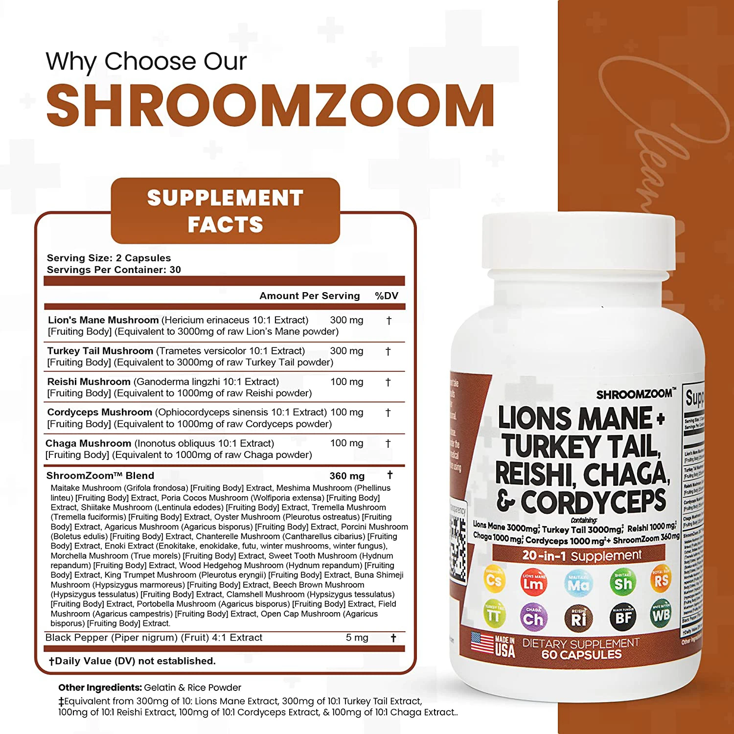Lions Mane 20 In 1 Mushroom Supplement Pills With Turkey Tail Reishi ...