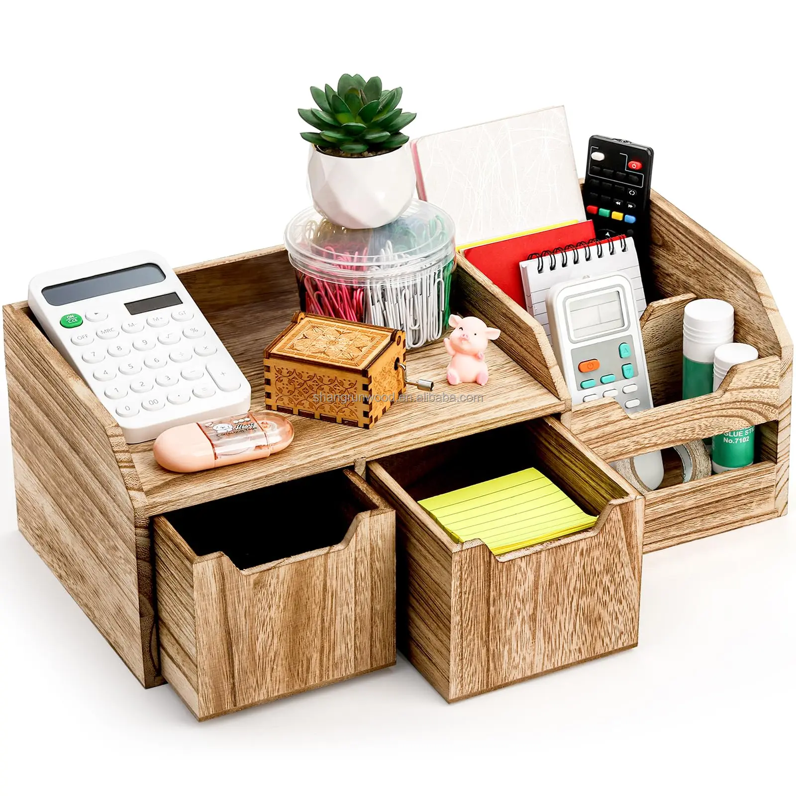 Adjustable Large Wooden Office Desk Organizer with Double Tiers Desktop ...