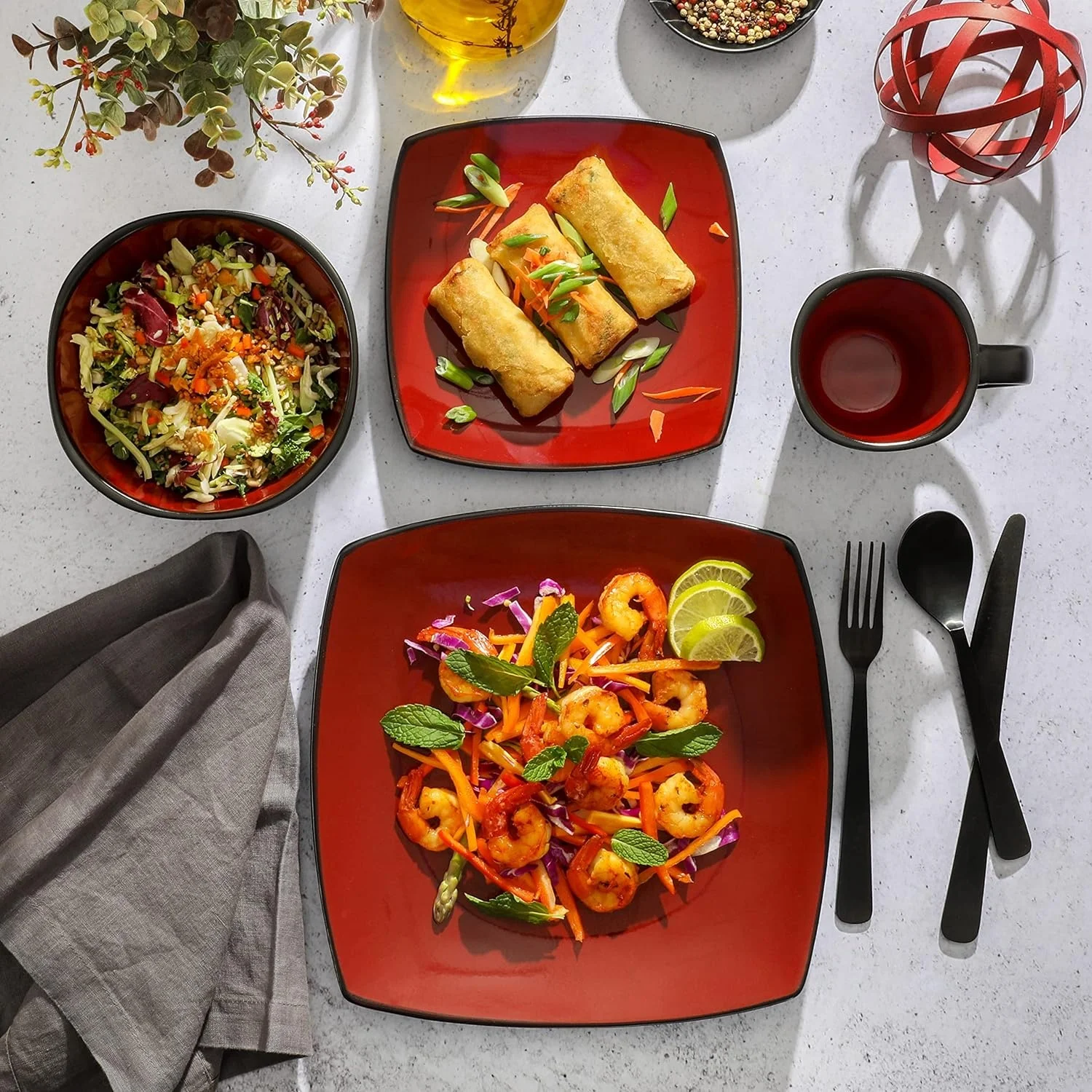 Square Reactive Glaze Dinnerware Set, Red, Service for 4 (16pcs ...