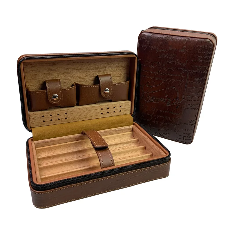 Spot Portable Cigar Box Two-layer Leather Cigars Case Set Cedar Wood ...