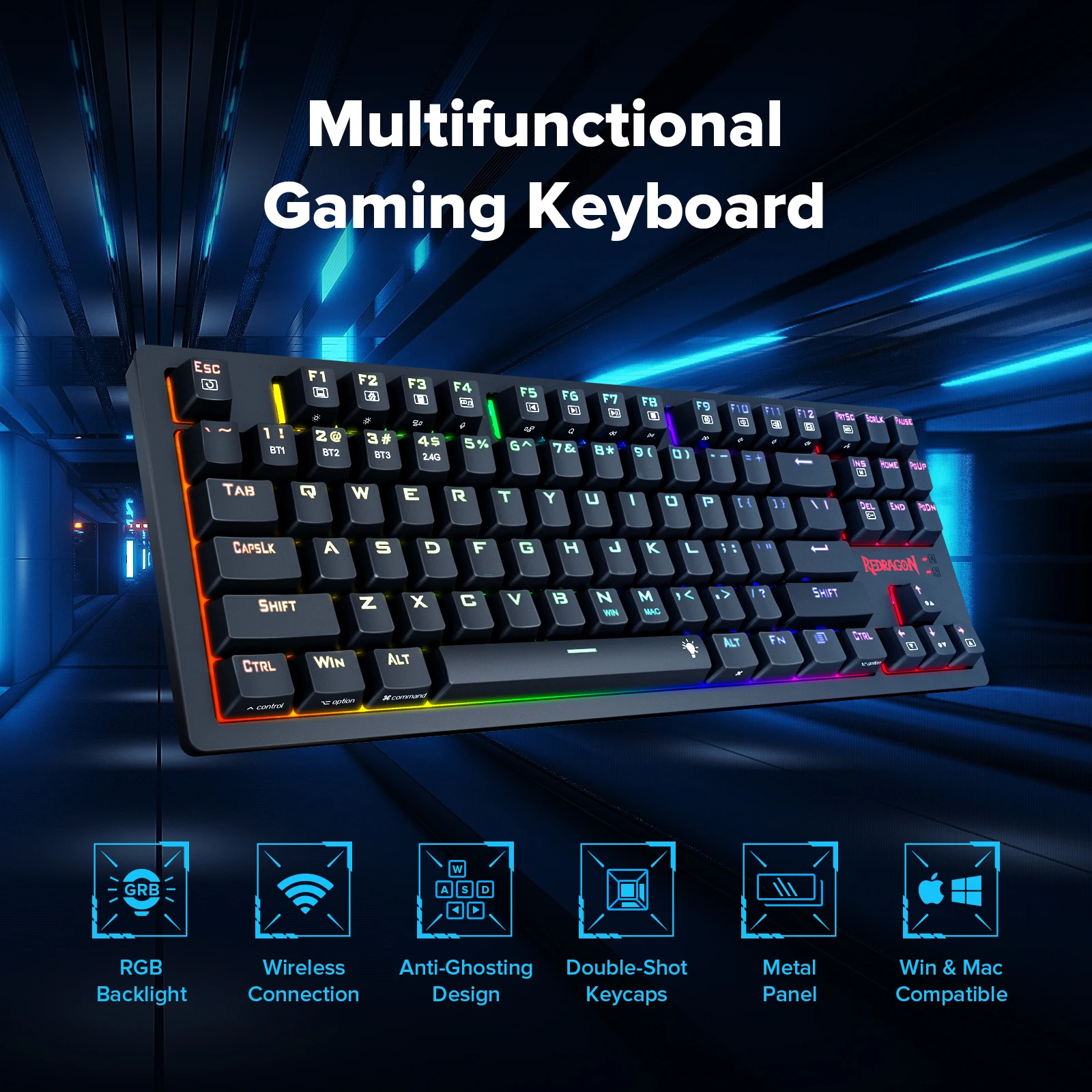Redragon K598p-kbs Rgb Tkl Tenkeyless Layout Tri-mode Connections Blue ...