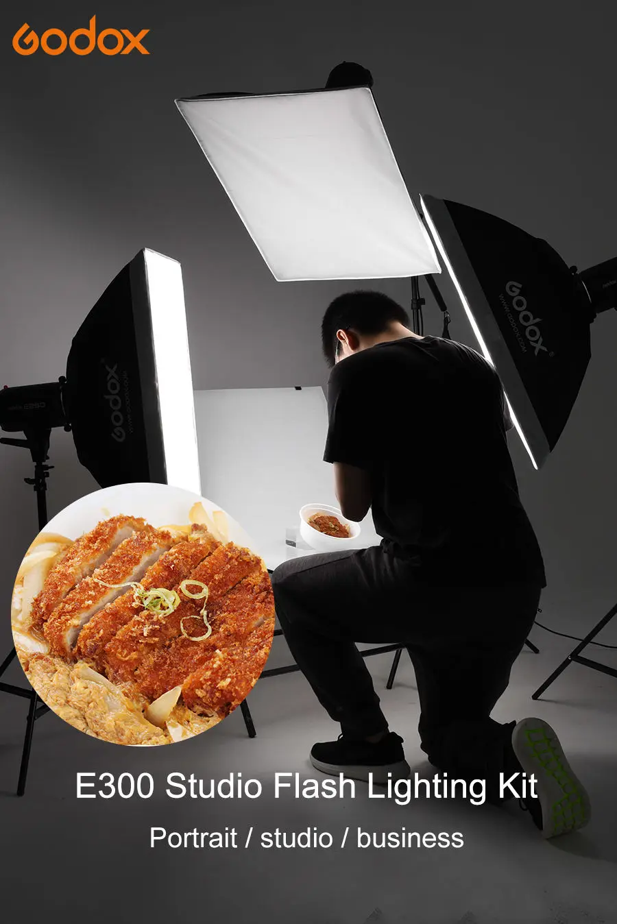 Godox E300 Strobe Flash Lighting Kit - 300ws Power, 5600K Color Temperature