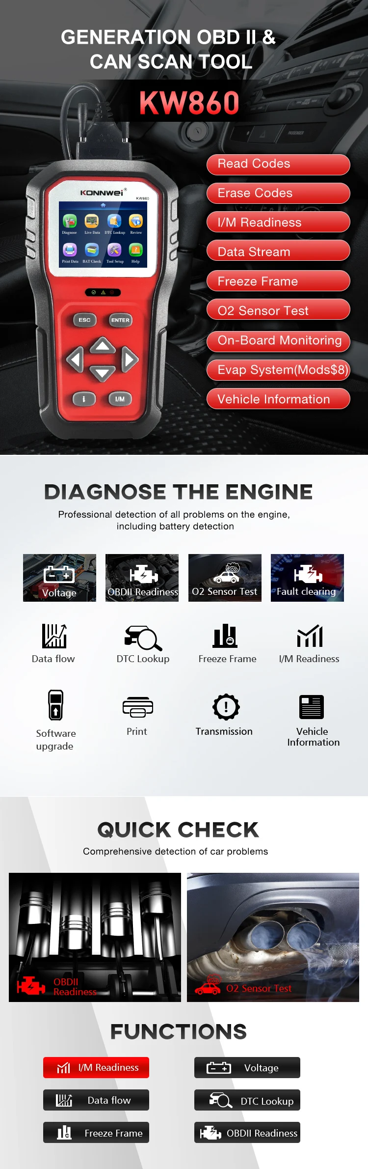 KONNWEI KW860 Car Diagnostics Tool - Free OBD2 Scanner