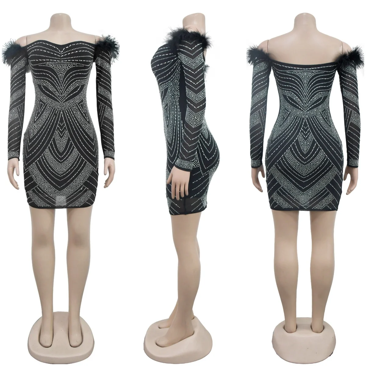 Luxury Rhinestones Women Party Dress Long Sleeve Strapless Mesh Club ...