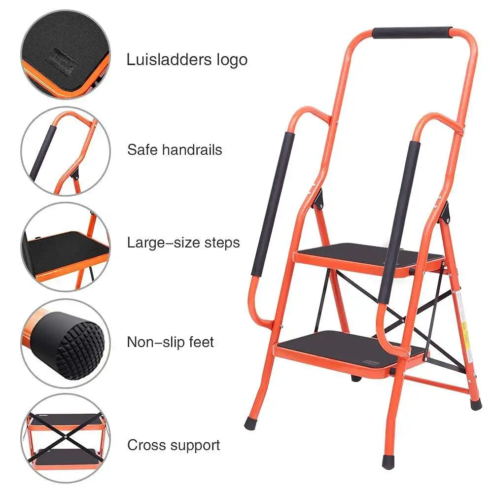 Folding 2-Step Safety Step Ladder Padded Side Handrails Portable Heavy ...