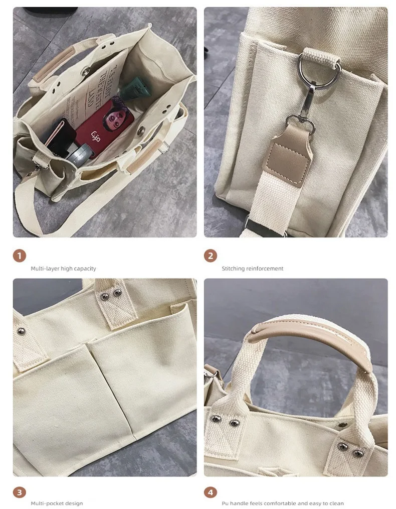 Blank Multi Pocket Tote Bag Custom Label,Stylish Zip Utility Daily Multi Pocket Bag Tote Canvas ...