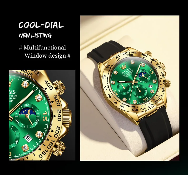 Olevs 2875 Watches Moon Phase Silicone Diamond Waterproof Luminous ...