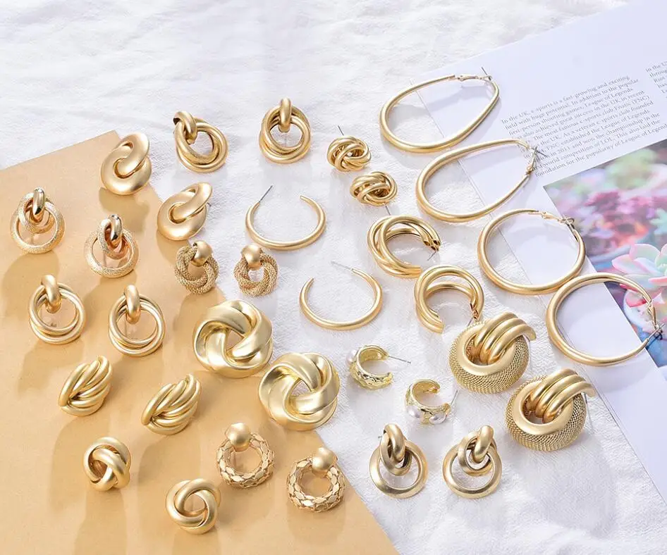 Kaimei Gold Color Metal Drop Earring C type Hoop Twist Matt Gold Irregular Statement Round Water Drop Geometric Earrings Jewelry Alibaba
