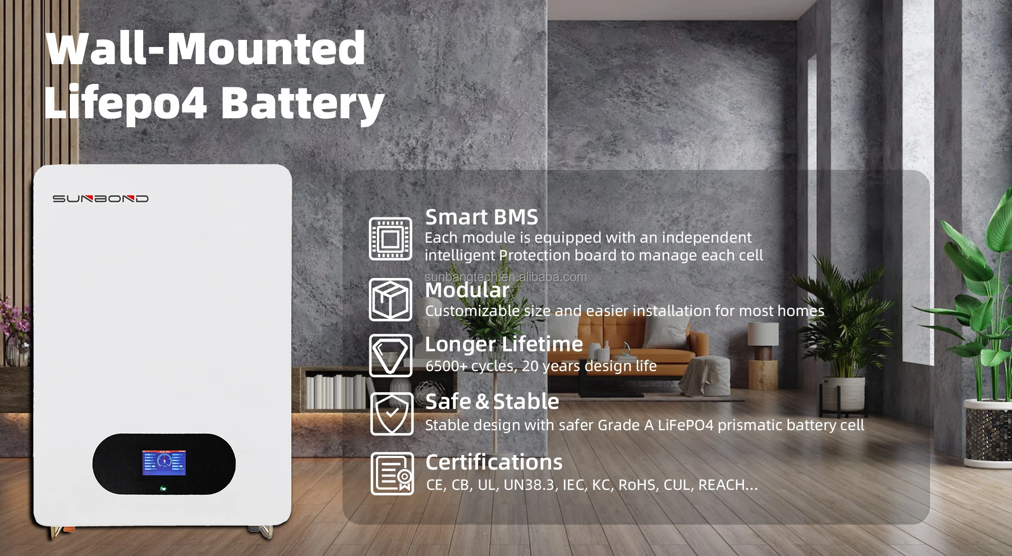 SUNBOND 6500循环LiFePO4 48V 200Ah 10Kwh电源壁太阳能电池5KWh 15KWh 20KWh家用储能10KWh ...