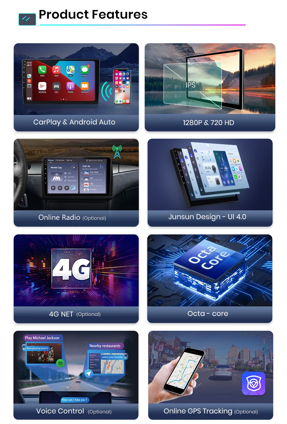 Junsun 9" Carplay Android Auto Car Radio for Universal Fit