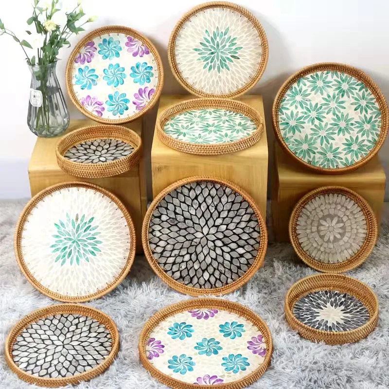 Unique Exotic Handmade Pearl Round Rattan Woven Snack Tray Creative ...