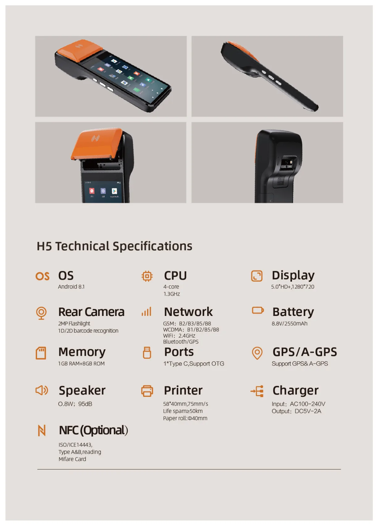 H5 Pos Terminal Receipt Printer Android 8.1 Handheld Mobile Pos With 3g ...