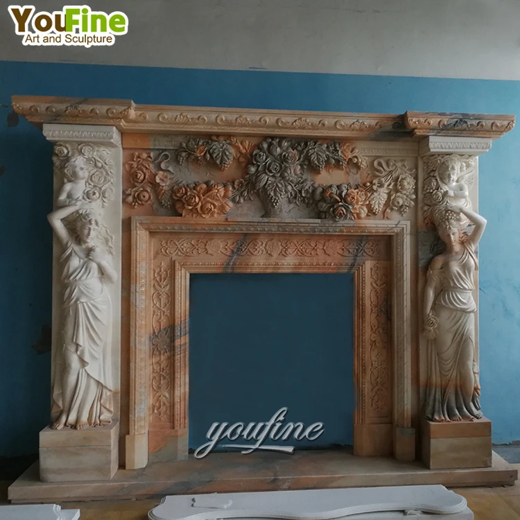 Hand Carved Modern Natural Stone Rose Red Pink Marble Fireplace ...