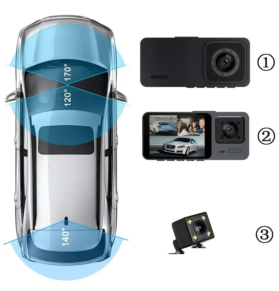 3 Channel Dash Cam 1080P - Front & Rear Triple Recorder