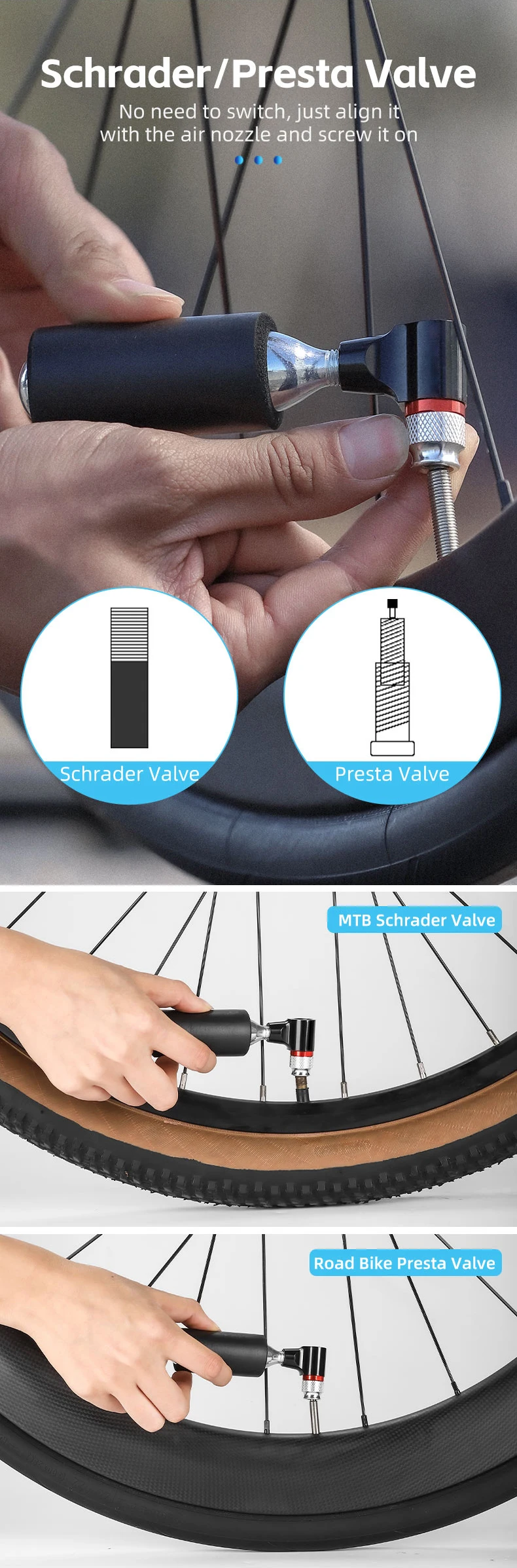 Portable Mini Bicycle Pump Presta Schrader Valves Aluminium Accessory ...