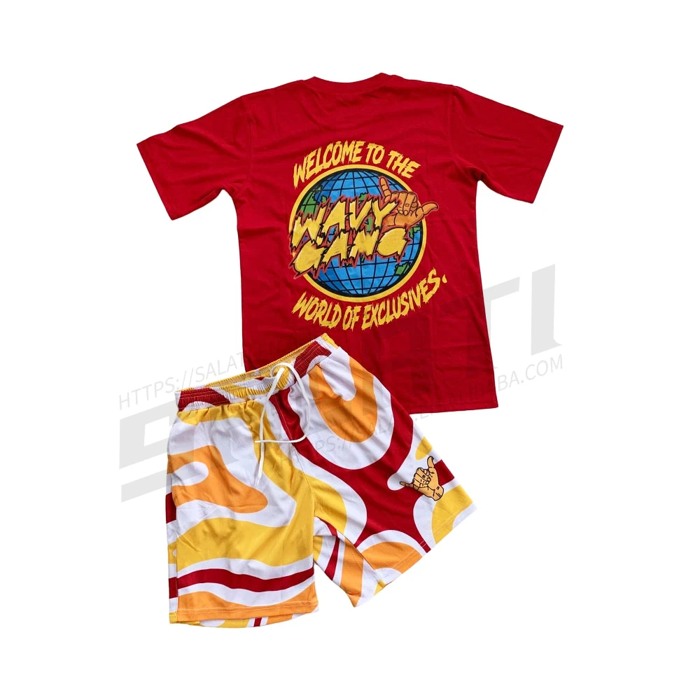 Men Clothing Graphic Shirt Two Piece Outfit Matching Short Set Cotton ...