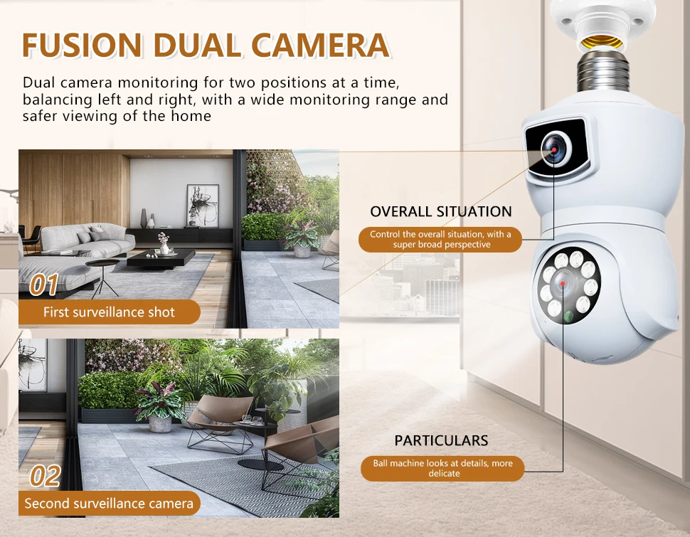 E9 Bulb Type Dual Lens Surveillance Camera - 360 Degree
