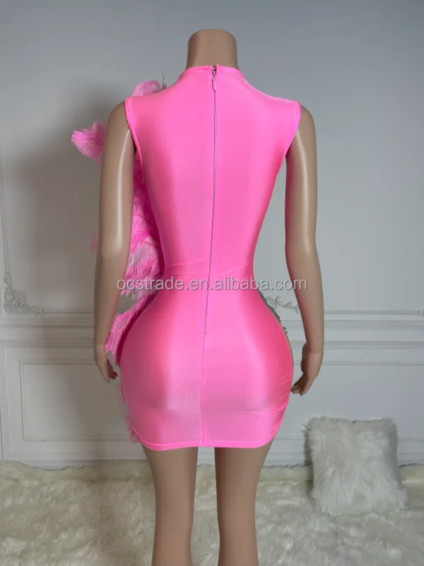 Ocstrade Unique Design Rhinestone Hot Pink Dress With Feathers Glitter ...