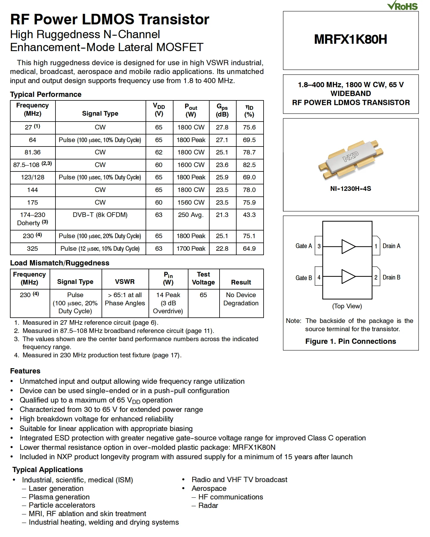 MRFX1K80H RF Power LDMOS Transistor - 1.8-400 Mhz, 1800W CW