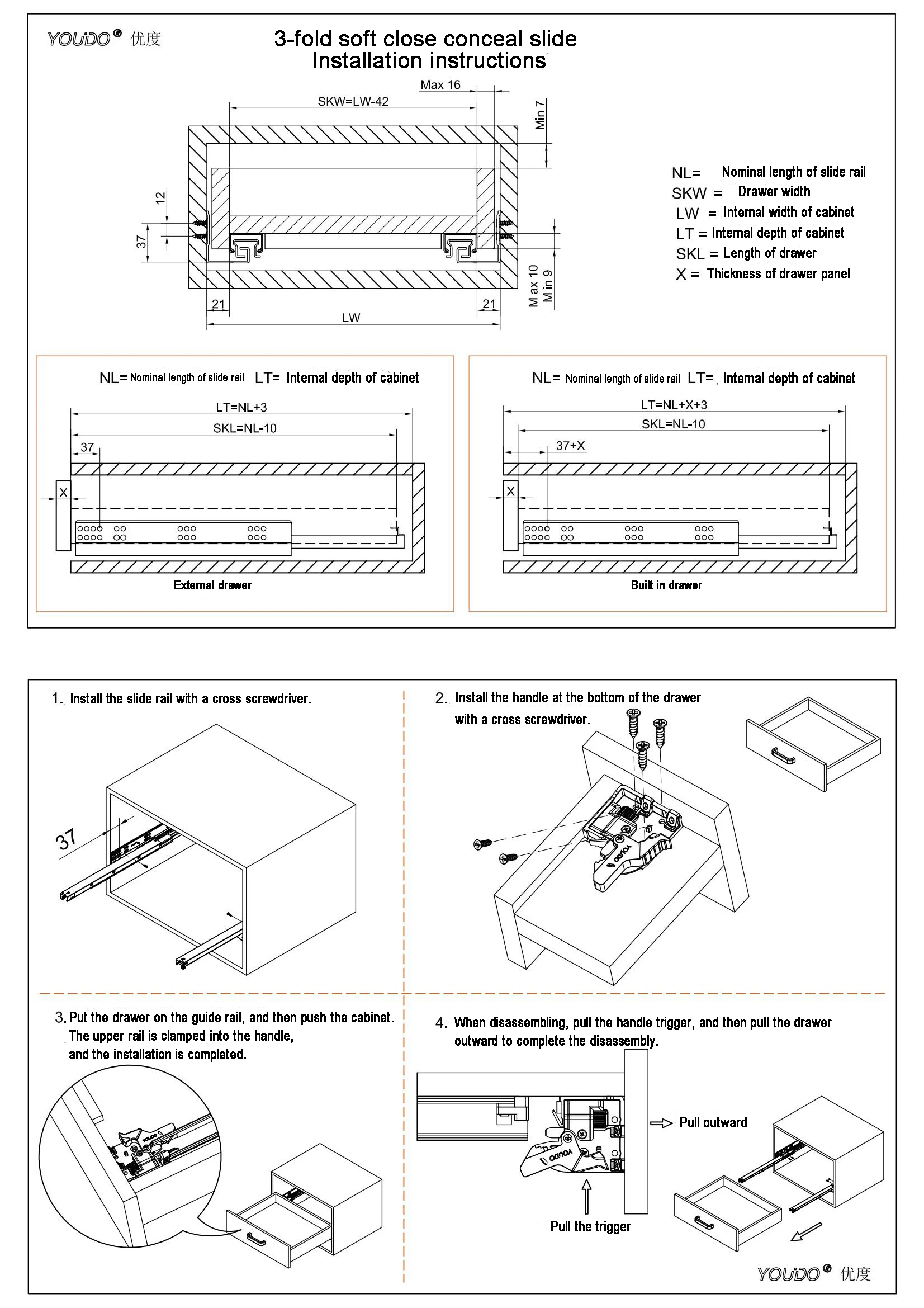 Youdo Telescopic Hidden Bottom Mount Drawer Slide Three Fold Auto ...