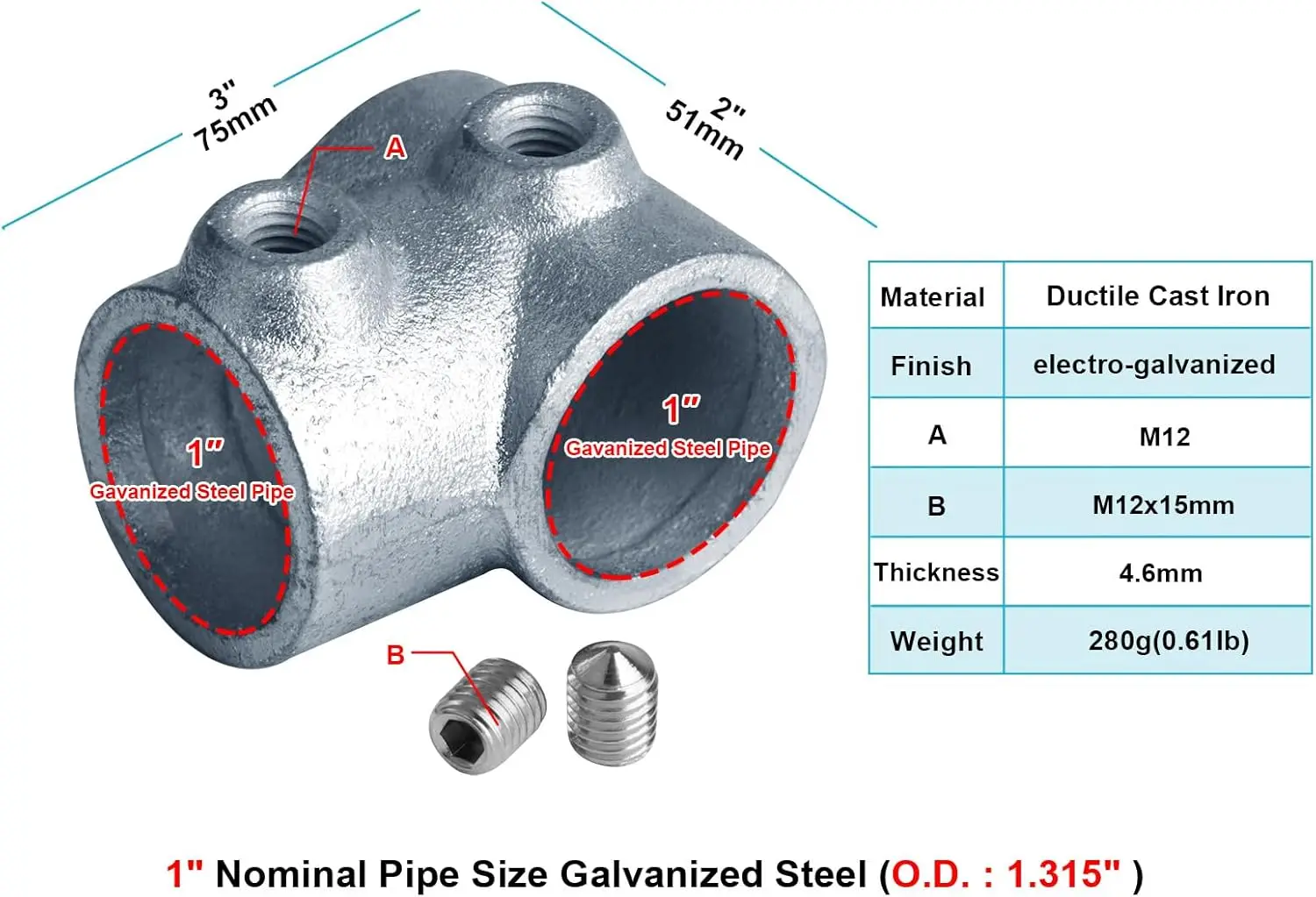 33.7mm Ductile Cast Iron Single Socket 90° Tee Key Clamp Fitting Fits 1 ...