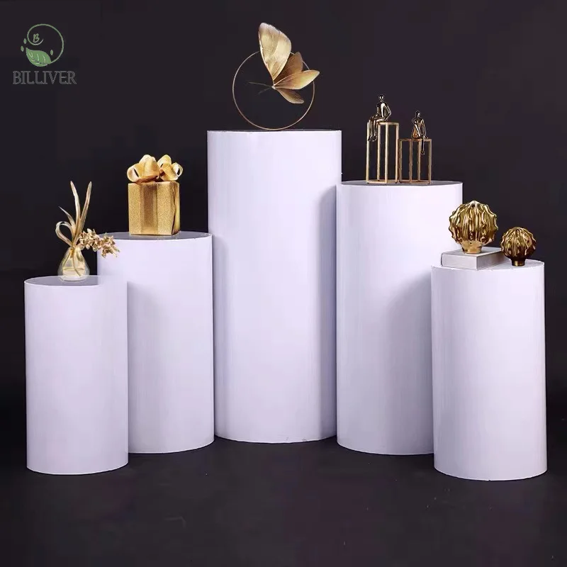 Dessert Cake Table Silver Metal Cylinder Pedestal Sets Round Customized ...