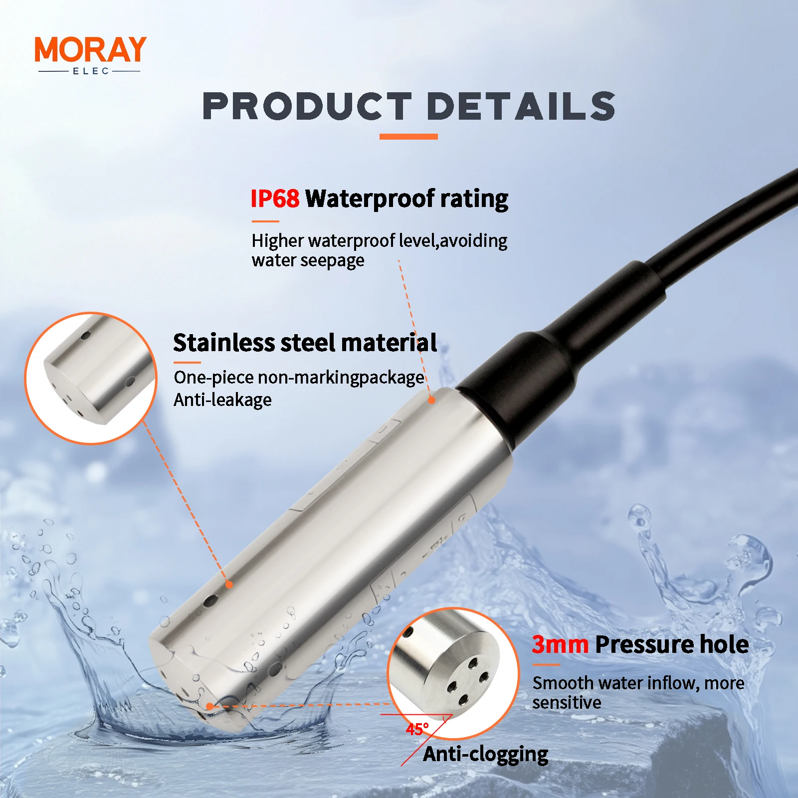 Moray ME401W RS485 4-20mA OEM ODM High Acccuracy Submersible Liquid ...