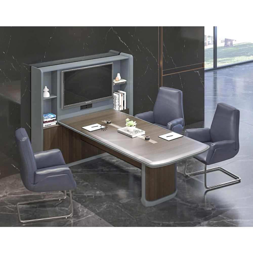 Meeting Room Desk Screen Manager Table With Power Black Wooden Office ...