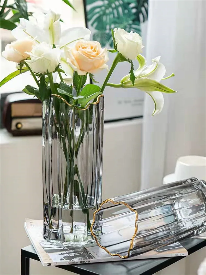 Modern Light Luxury Transparent Glass Vases Popular High-end Gilt-edged ...