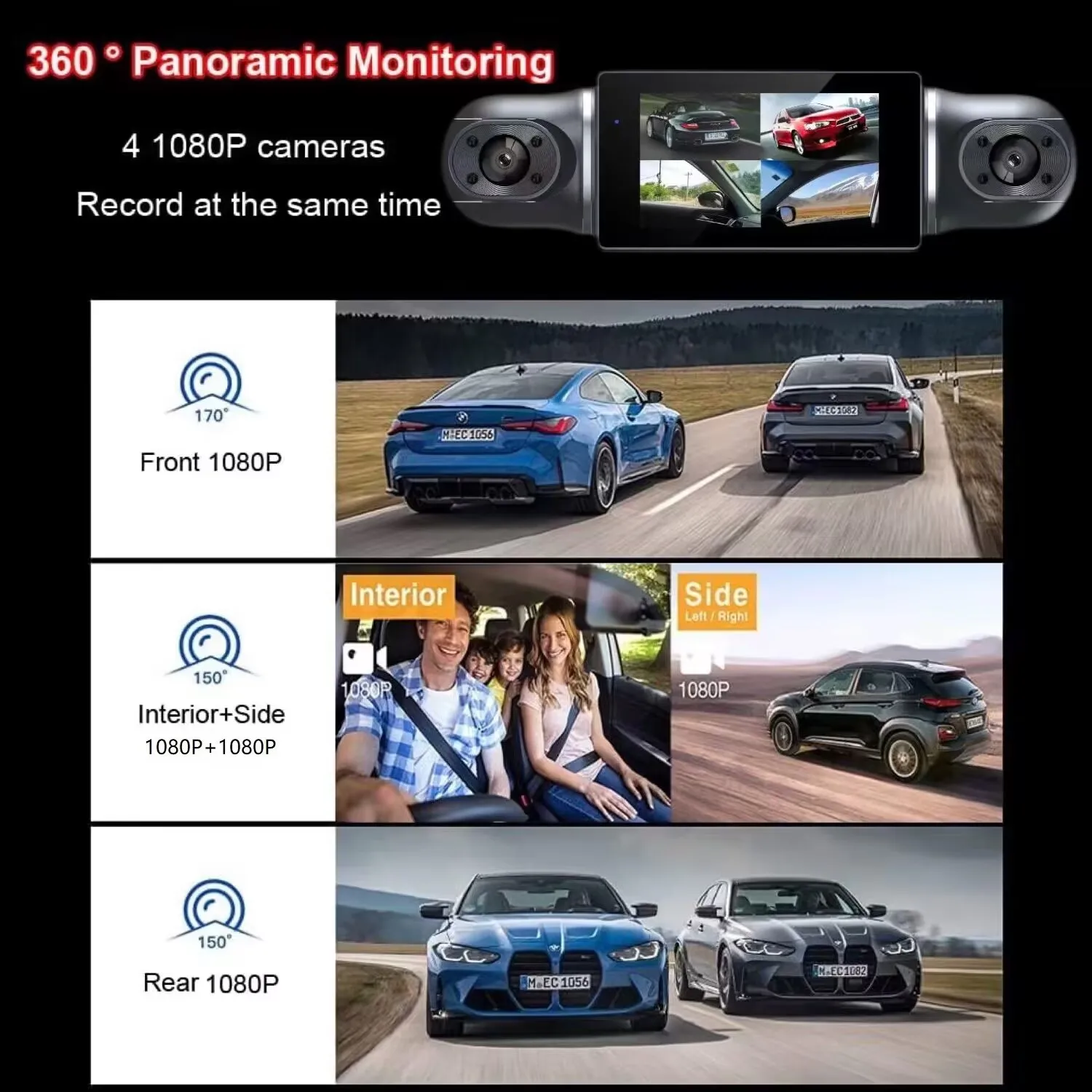 3 Inch Wifi Dashcam - 4 Way Auto Recorder for Cars & Taxis