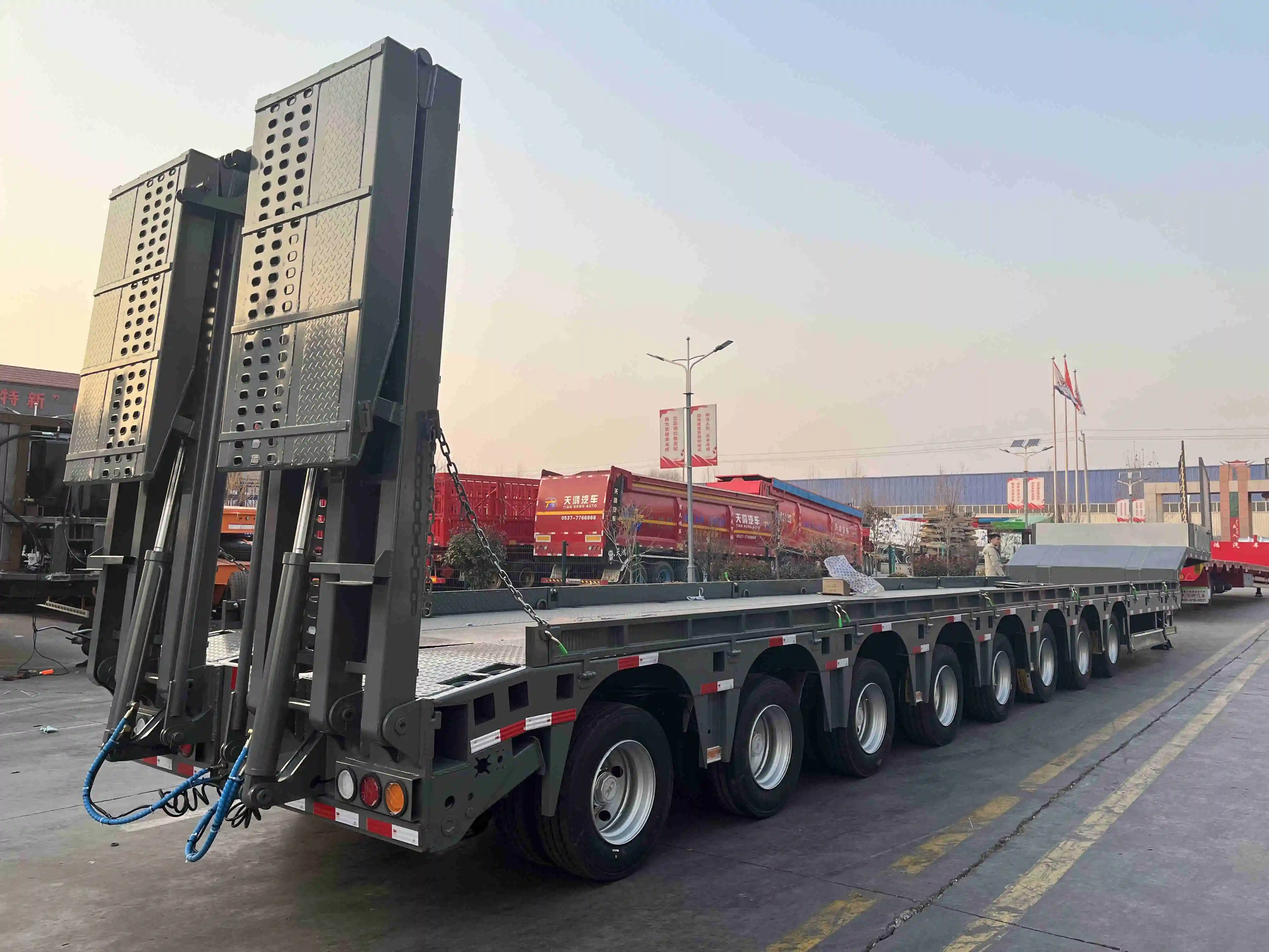 100t Lifting Axles Low Flatbed Container Semi Trailer Lowbed Semi Truck ...