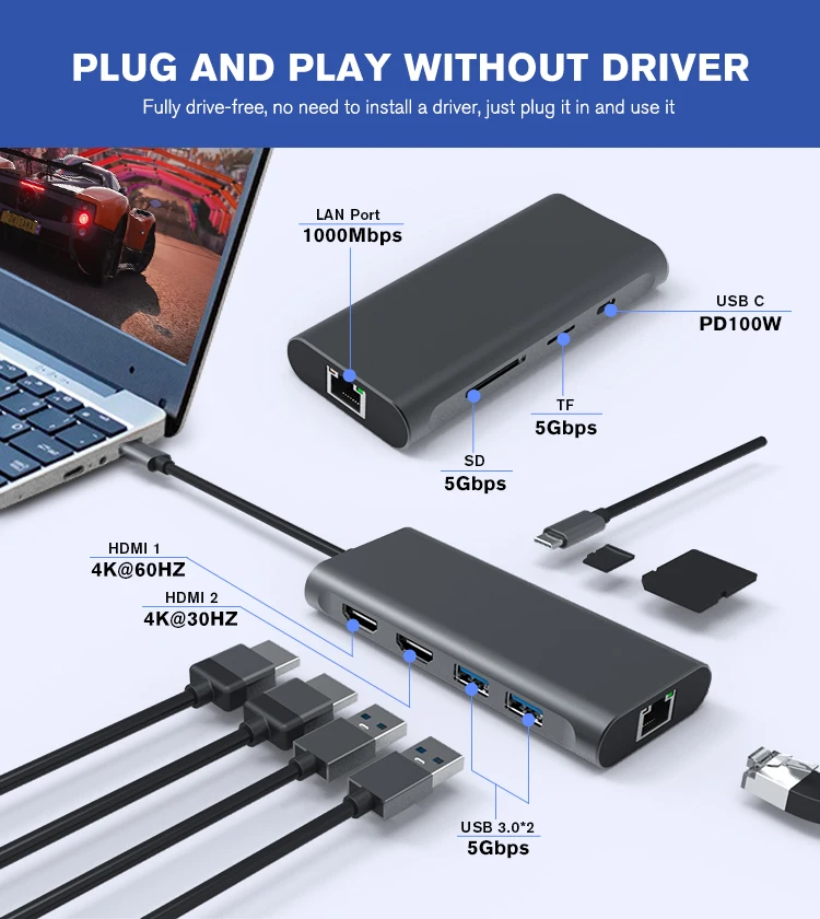 Multifunction 8 In 1 Multiport Usb C Usb-c Hub Adapter Type C To Usb 3. ...