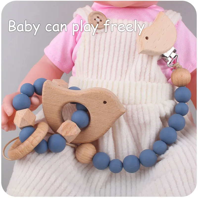 Custom Baby Teether Pacifier Chain Set Food Grade Silicone And Beech ...