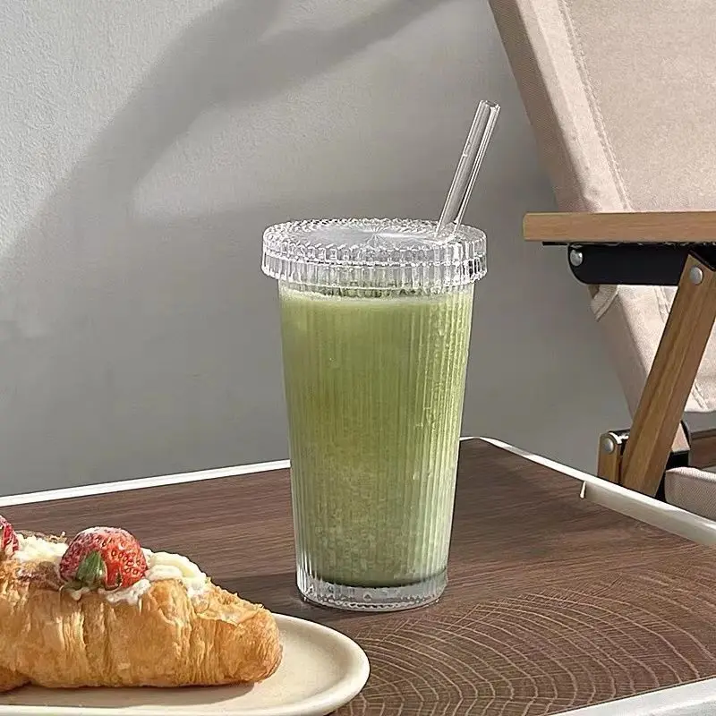 375ml Transparent Bubble Tea Cup Simple Ribbed Vertical Stripes Glass ...