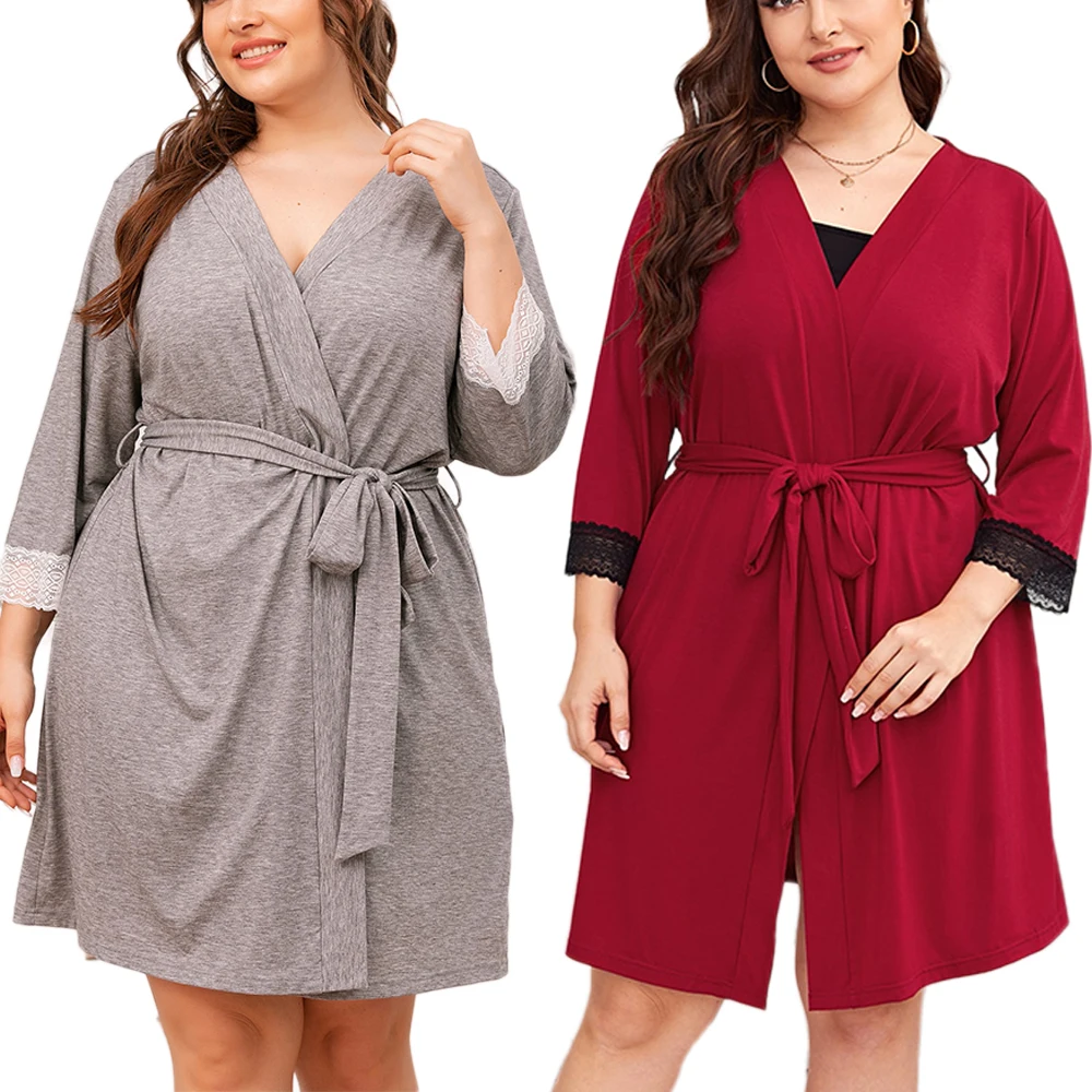 4xl 5xl Grey Red Soft Robe Pajama Lace Trim Long Sleeve Knit Rayon Plus Size Women Robes - Buy ...