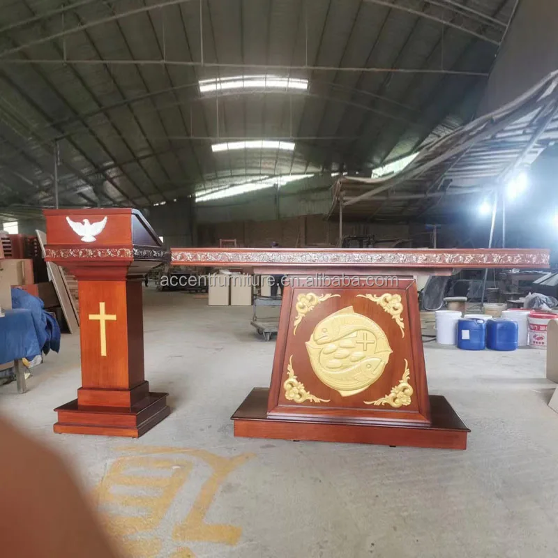 Solid Wood Church Altar Table with Cross Embossed Modern Design Reading ...